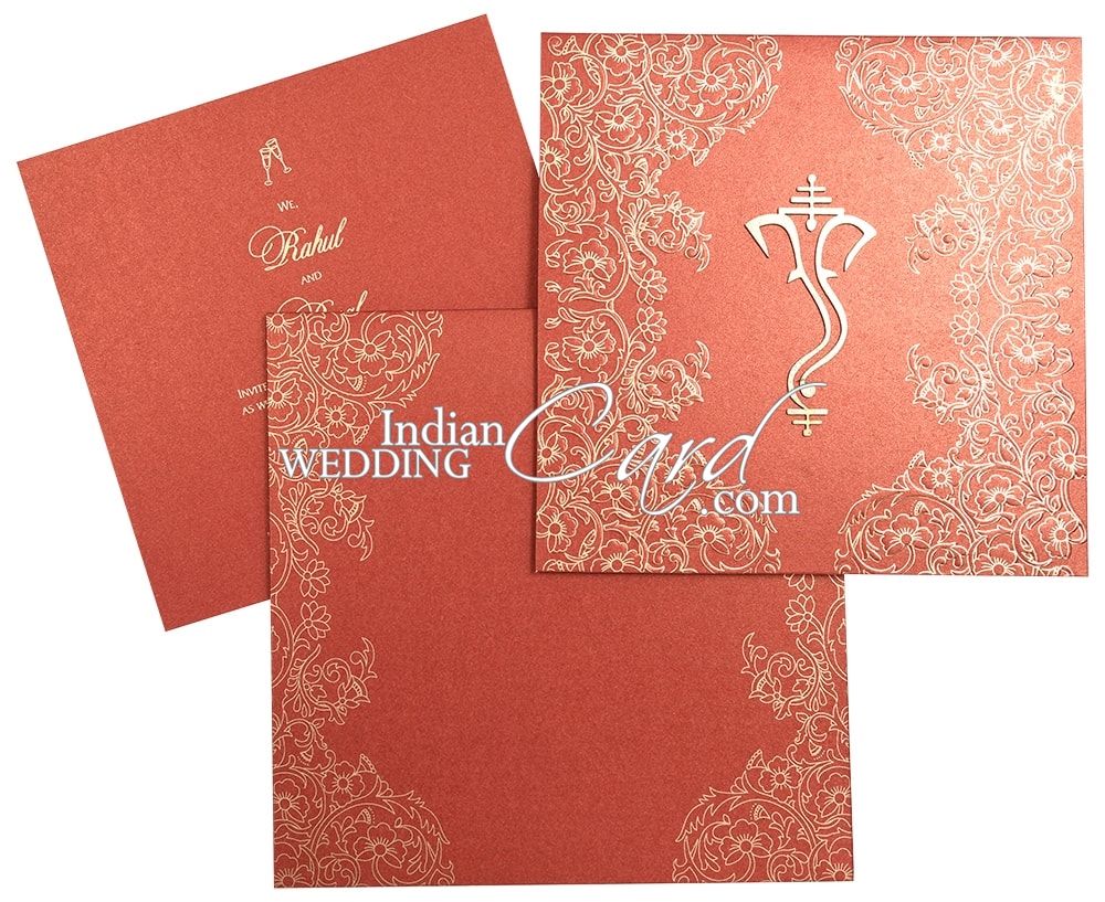 Red color self-embossed floral theme Hindu wedding card - D-9040