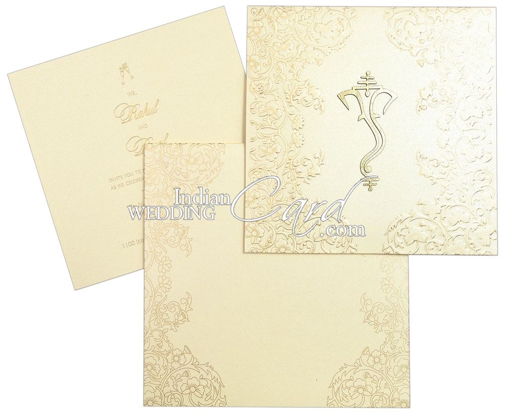 Cream color self-embossed floral theme Hindu wedding card - D-9048
