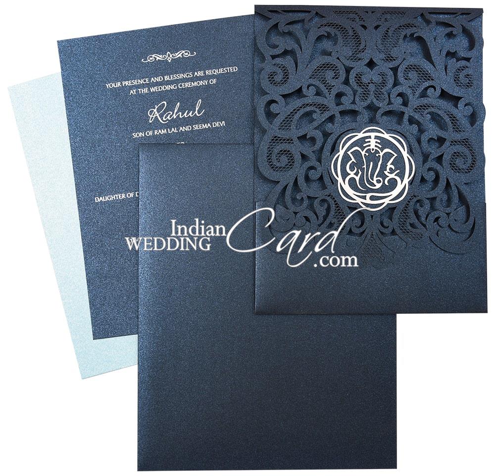 Navy-blue color docket style intricate Jali laser cut Hindu wedding ...