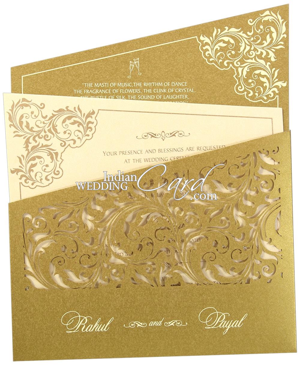D-9683, Gold Color, Shimmery Finish Paper, Laser Cut Cards, Designer ...
