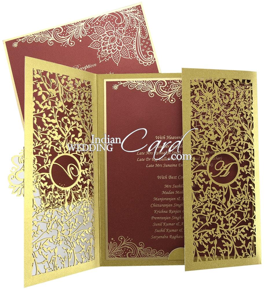 D-9798, Gold Color, Shimmery Finish Paper, Laser Cut Cards, Hindu Cards ...