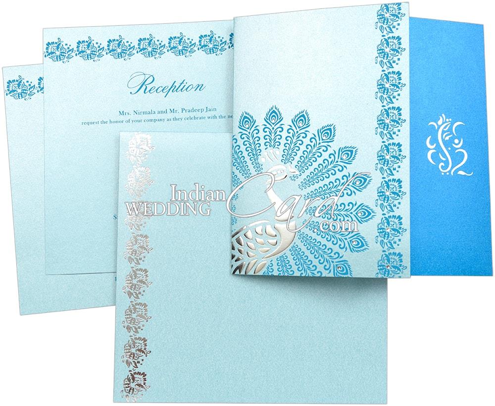 D-9958, Blue Color, Shimmery Finish Paper, Hindu Cards.