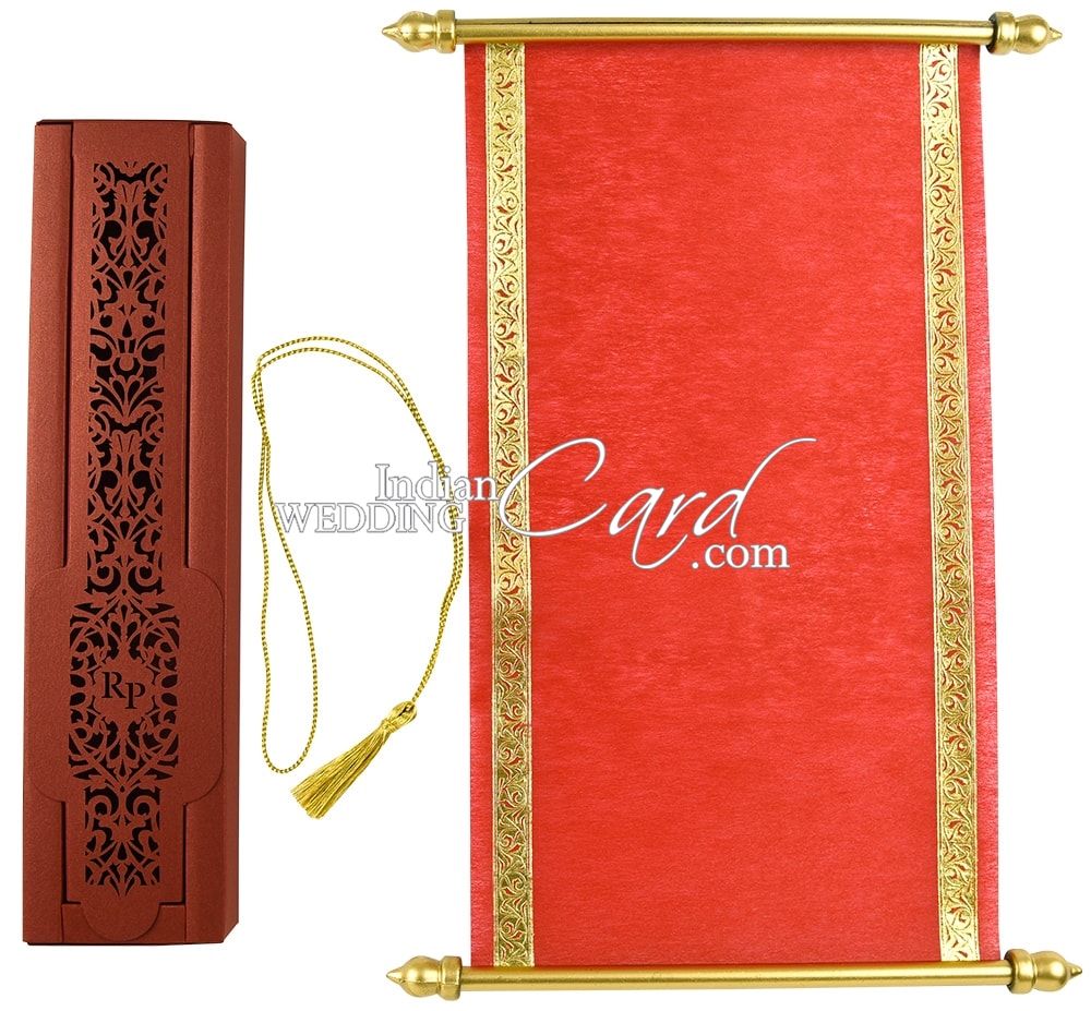 Shimmer maroon intricate Jali Laser Cut Scroll Wedding Invitation - S1125