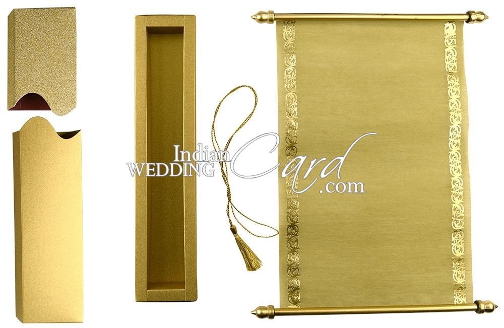 Slide open style Golden Shimmer Scroll Wedding Invitation - S1129