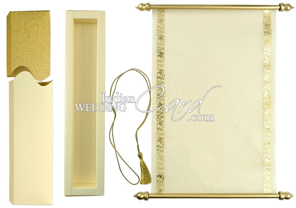 Slide open style Cream Shimmer Scroll Wedding Invitation - S1130