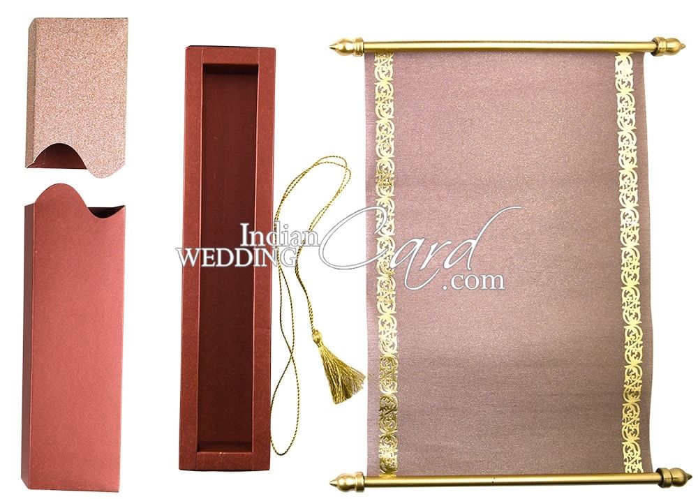 Slide open style Maroon Shimmer Scroll Wedding Invitation - S1136