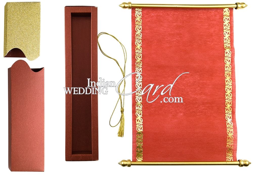 Slide open style Maroon Shimmer Scroll Wedding Invitation - S1137