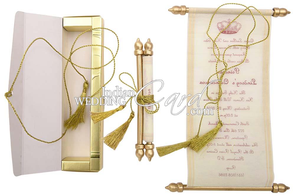 2 scrolls in one invitation - Gold color small box scroll invitation ...