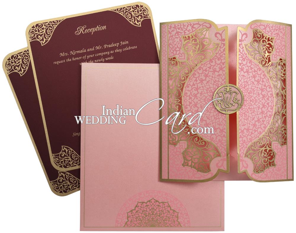 D-10347, Pink Color, Shimmery Finish Paper, Laser Cut Cards, Hindu Cards.