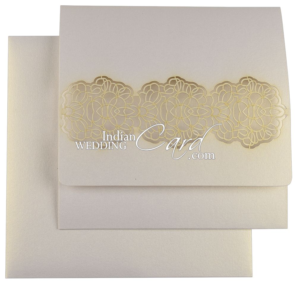 Off-white shimmer entwined pattern laser cut 3-fold wedding card with ...