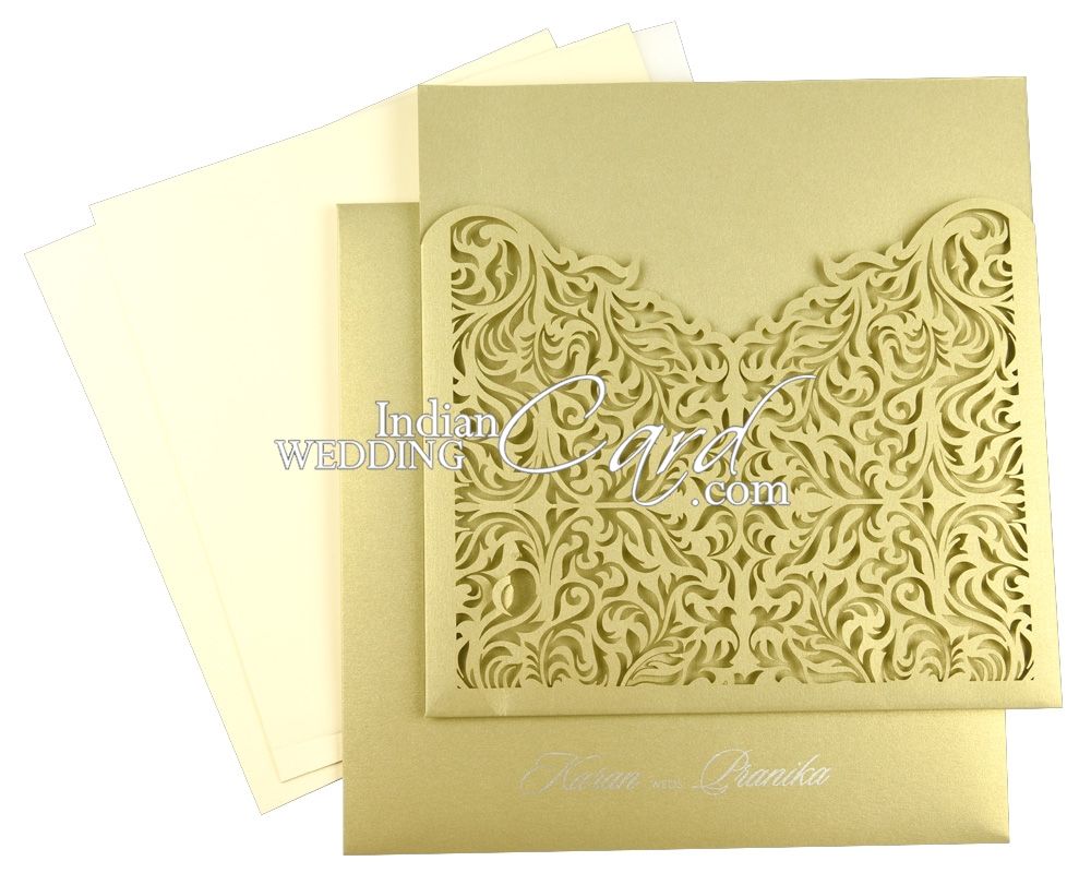 Light-gold colored laser cut leaf pattern pocket wedding card - D-7003
