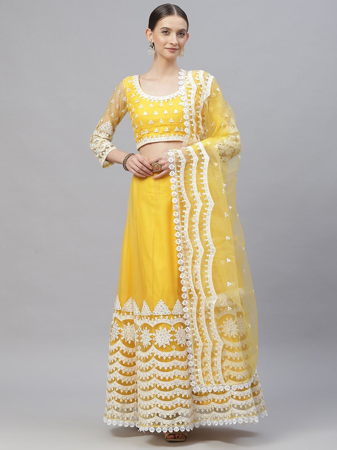 Net Fabric Yellow Color Lehenga, Choli and Dupatta with Embroidery ...