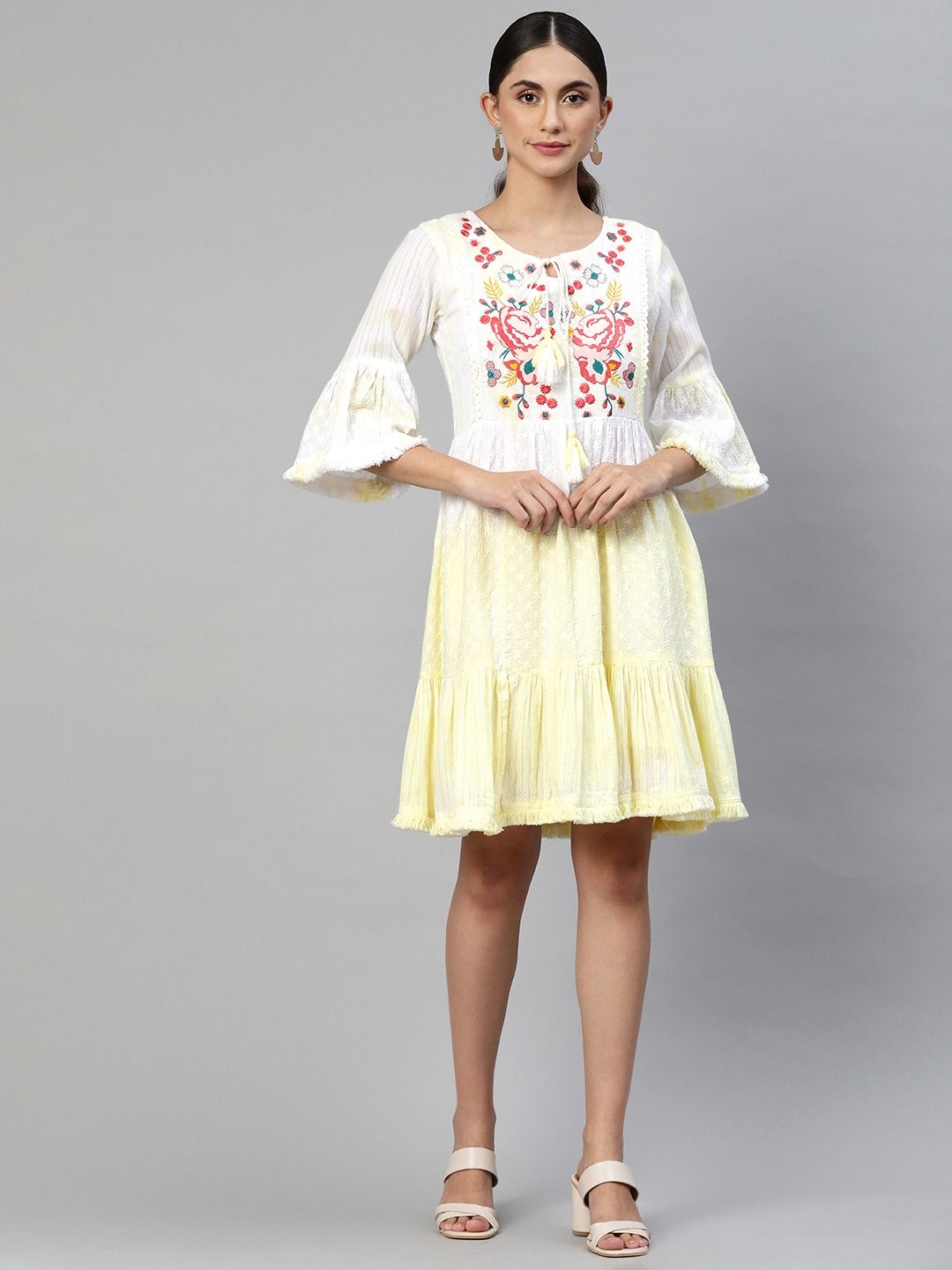 Frock Style Cotton fabric Yellow color Tiered Dress with Thread and ...