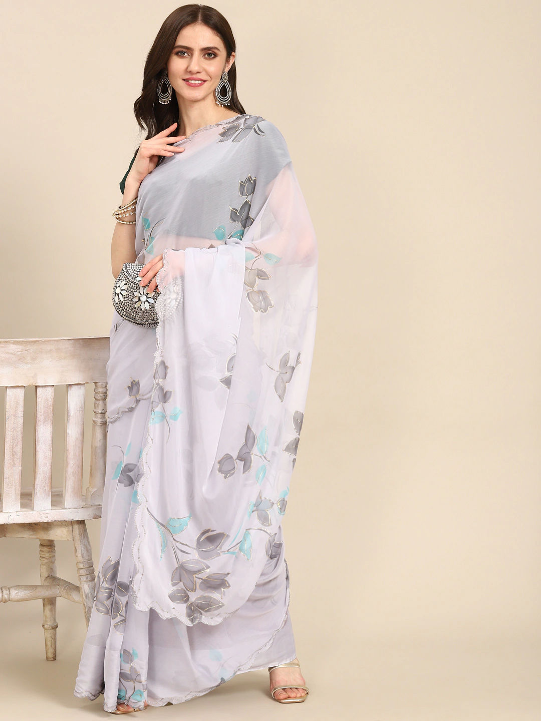 Chiffon Fabric Grey Color Digital Printed Saree with Blouse piece