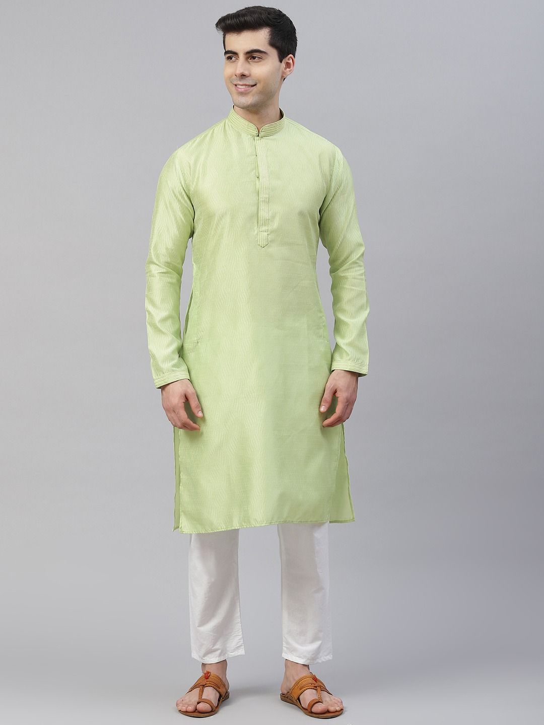 Straight Style Green Color Silk blend Self designed Kurta with White Pant