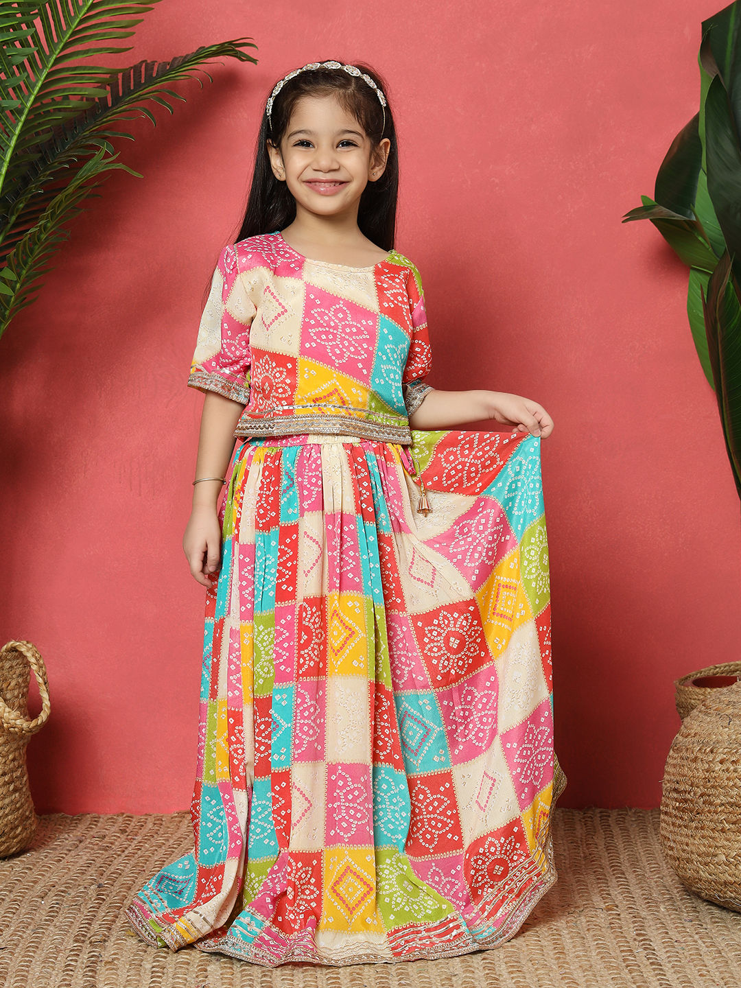 Straight style Pink color Art silk Fabric printed Choli with lehenga ...