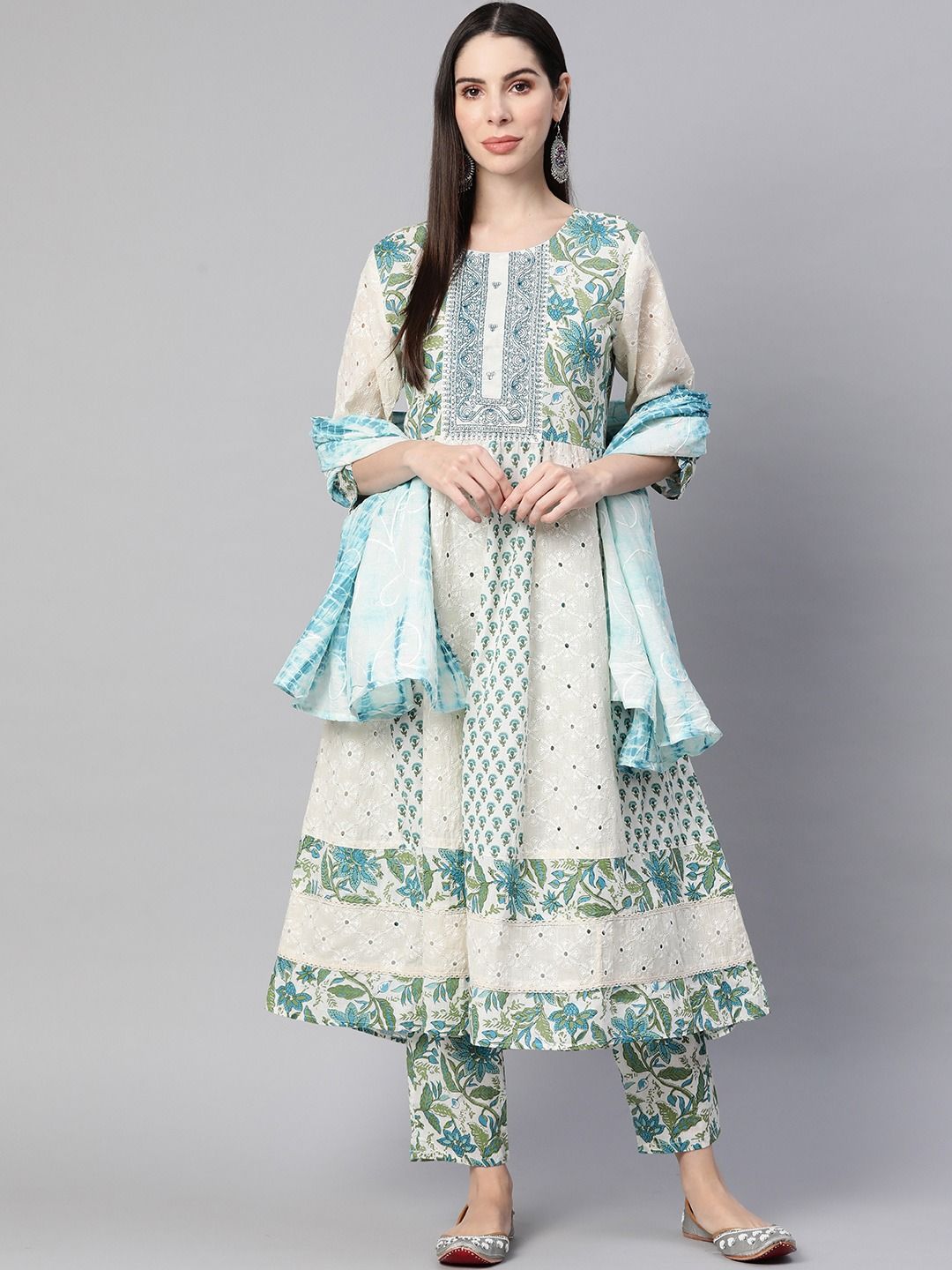 Anarkali Style Cotton Fabric Turquoise blue Color Printed and ...