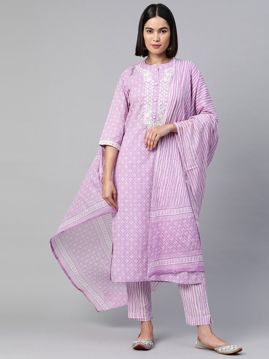 Straight Style Cotton Fabric Purple & White Color Kurta with Thread ...