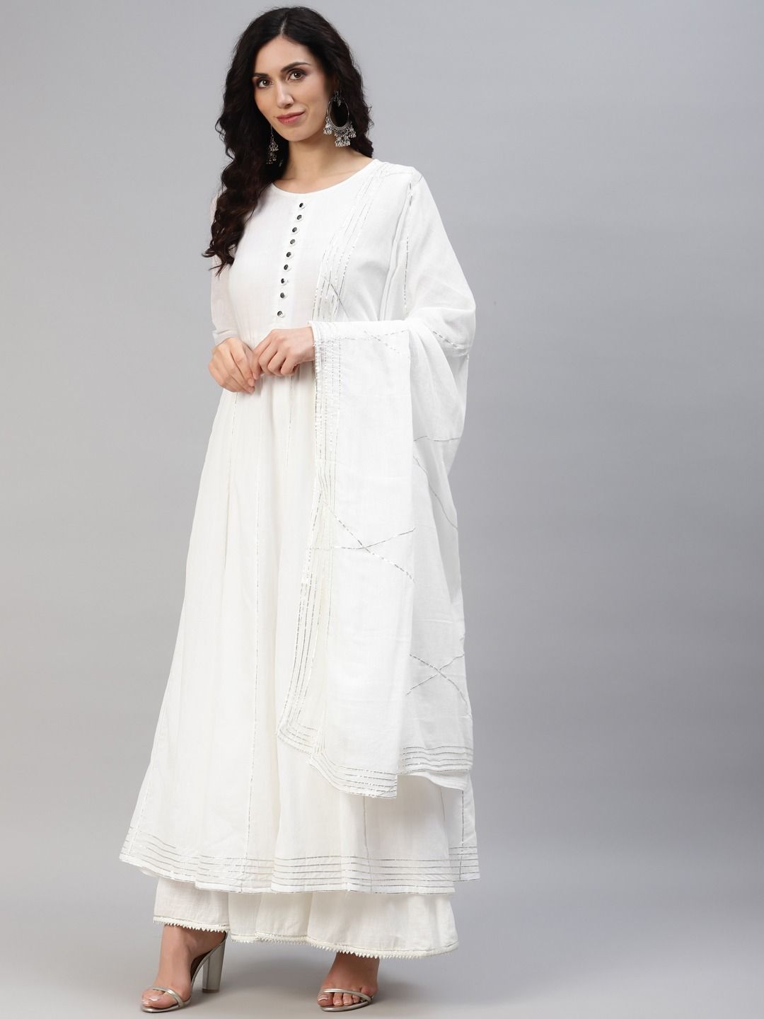 Anarkali style White color cotton Malmal fabric gown and dupatta with ...