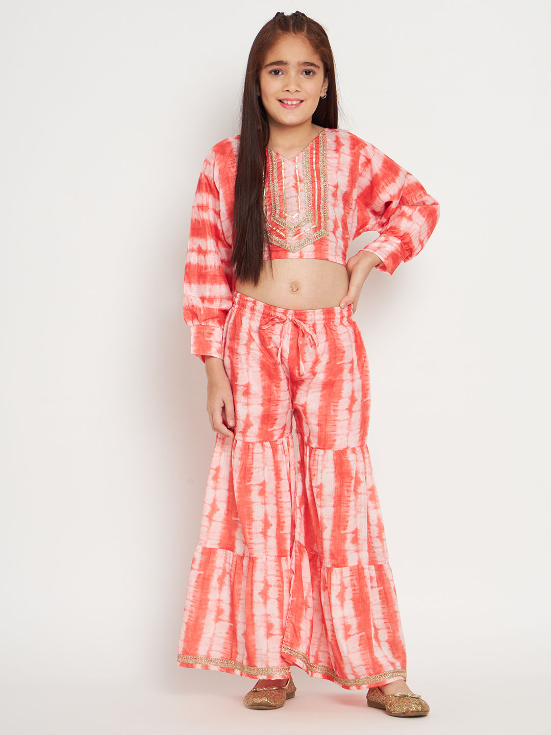 Straight style Silk fabric Red color Tie and dyed Top and Sharara with ...