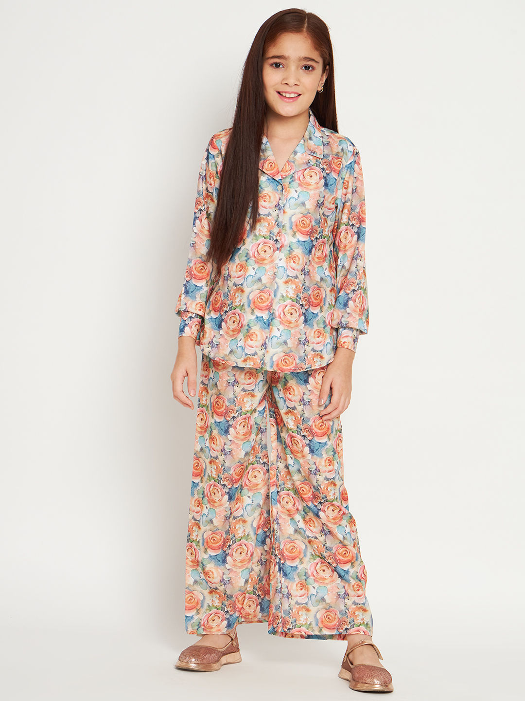 Girls Shirt style Cotton fabric Peach color rose Printed Top with ...