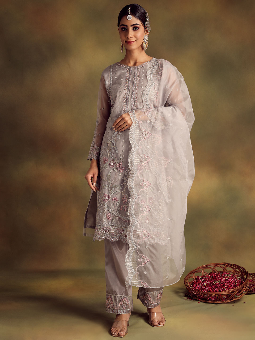 Pakistani Style Organza Fabric Grey color Kurta with Thread & Zari work ...