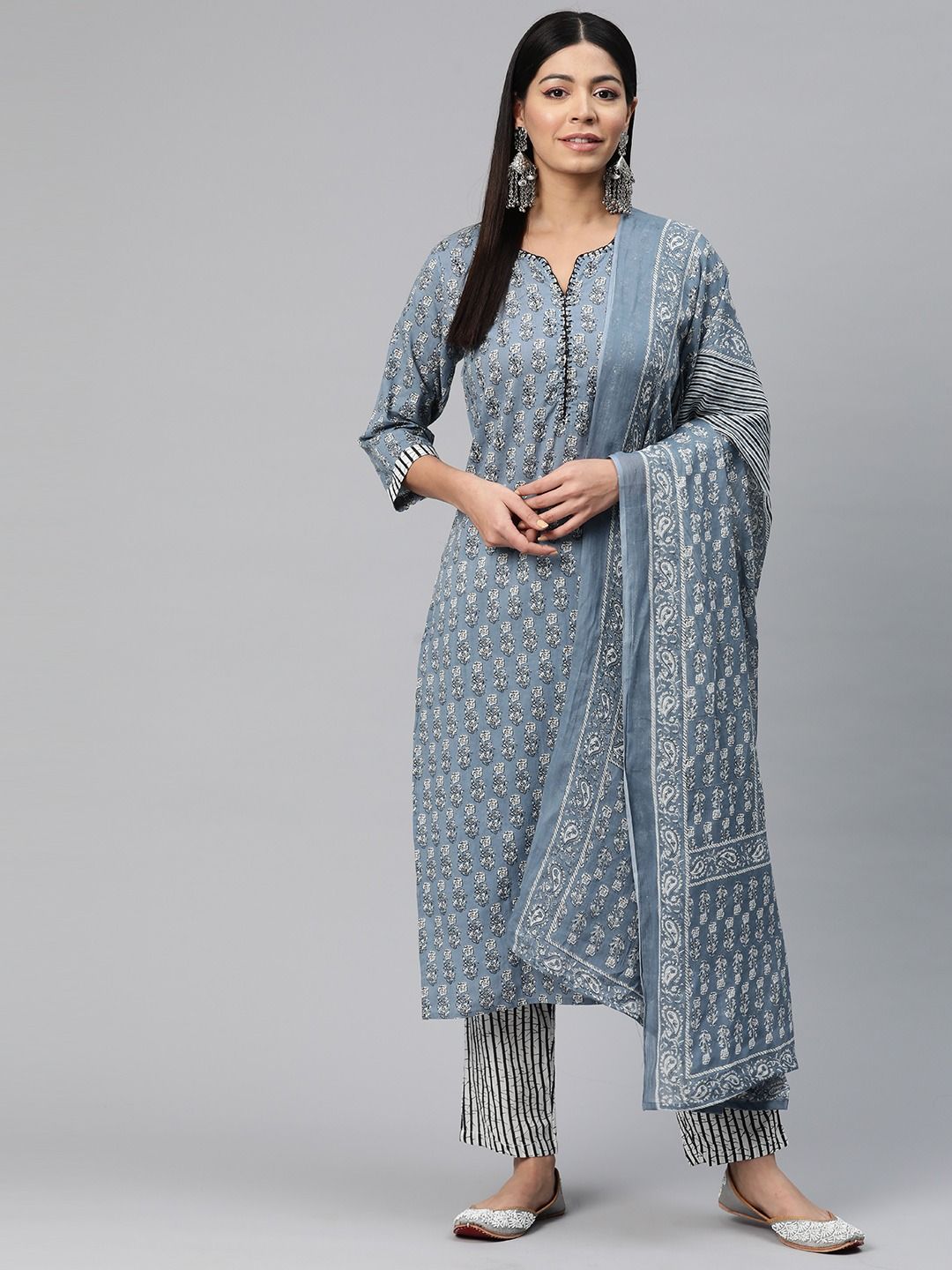 Straight style Cotton fabric Grey color Printed kurti with Palazzo and ...