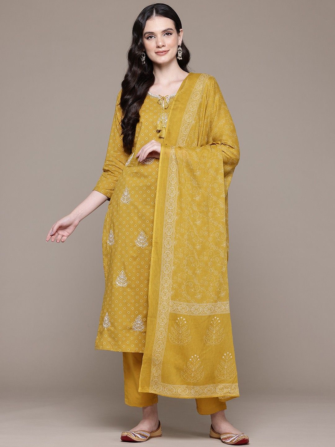 Straight style Cotton fabric Gold color Printed kurti with Palazzo and ...