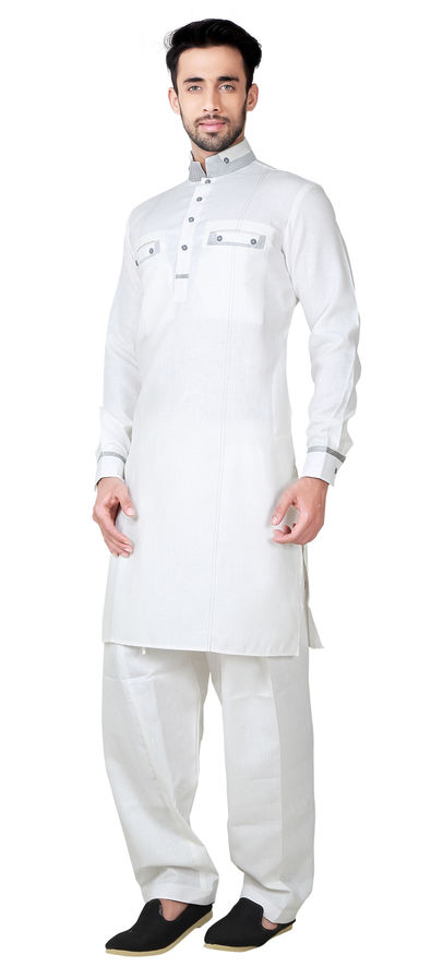505991: White and Off White color Cotton, Linen fabric Pathani Suit