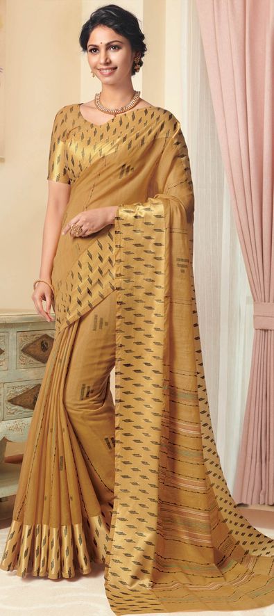 Casual, Traditional Gold color Linen fabric Saree : 1612501