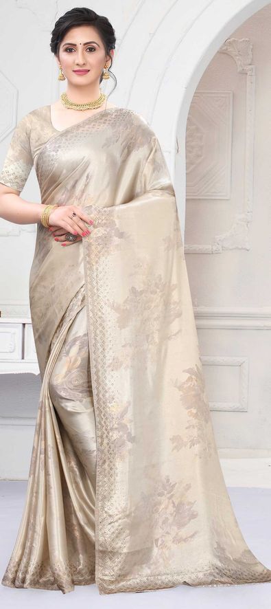 Traditional Silver color Satin Silk, Silk fabric Saree : 1695262