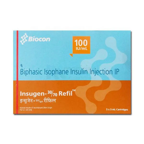 Buy Insugen Refil 30/70 Inj 100 IU 3 ml Cartridges Online: Price, Uses ...