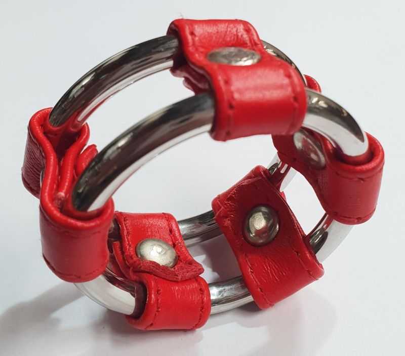 Plain Tube Steel Double Cock Ring Red Leather Cock Rings