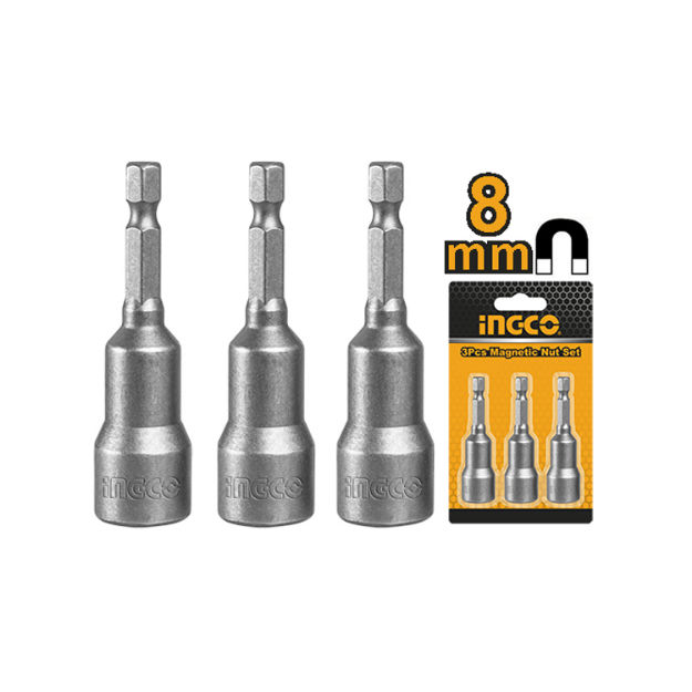 Ingco AMN0831 3 Pcs 50BV30 8mm Nut Driver Magnetic Impact Socket Set