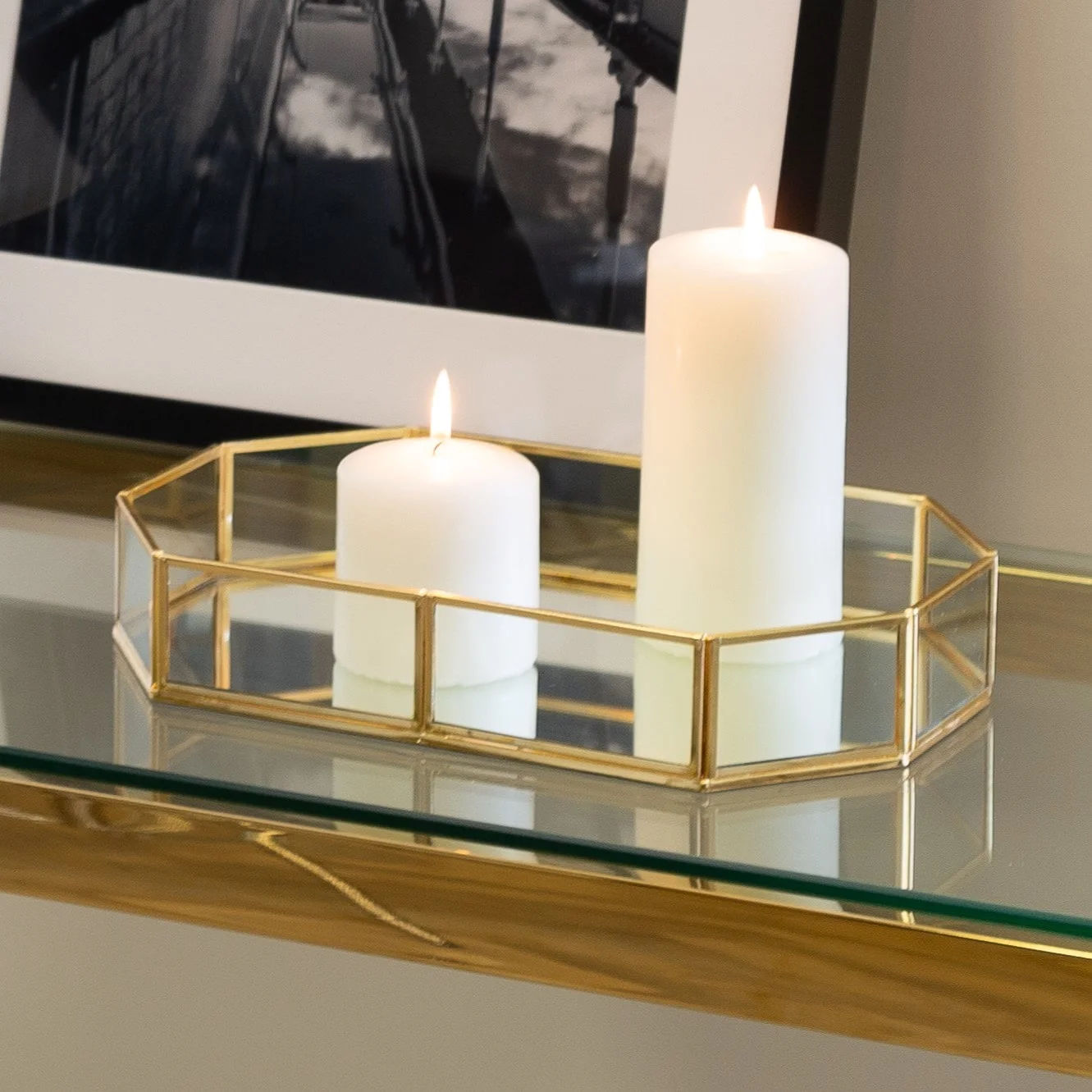 Large Rectangle Hexagon Gold Mirror Tray - My True Home