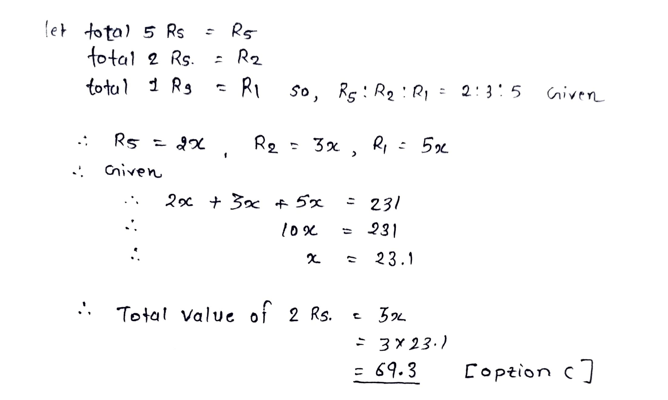 A bag contains five rupee, two rupee, and one rupee coins in the ratio ...
