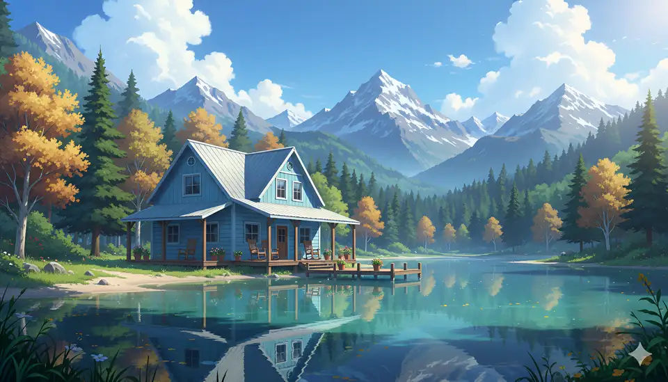Blue Cabin Lakefront Scenery Anime Mountain Wallpaper Anime Wallpaper ...