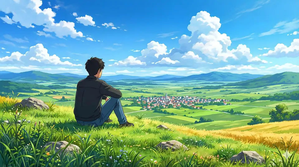 serene summer valley anime boy overlooking scenic landscape Wallpaper ...
