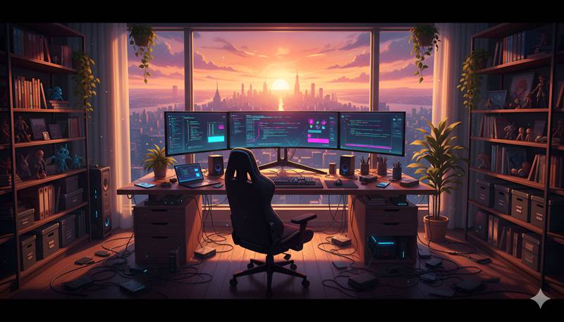 Anime Programmer Desk Setup - Sunset City View Coding Anime Wallpaper ...
