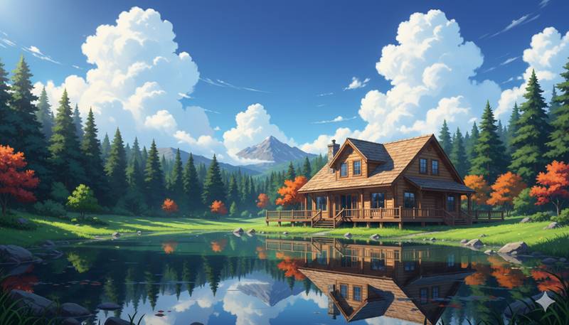 Wooden Cabin Forest Lake Reflection Anime Wallpaper | AniWall