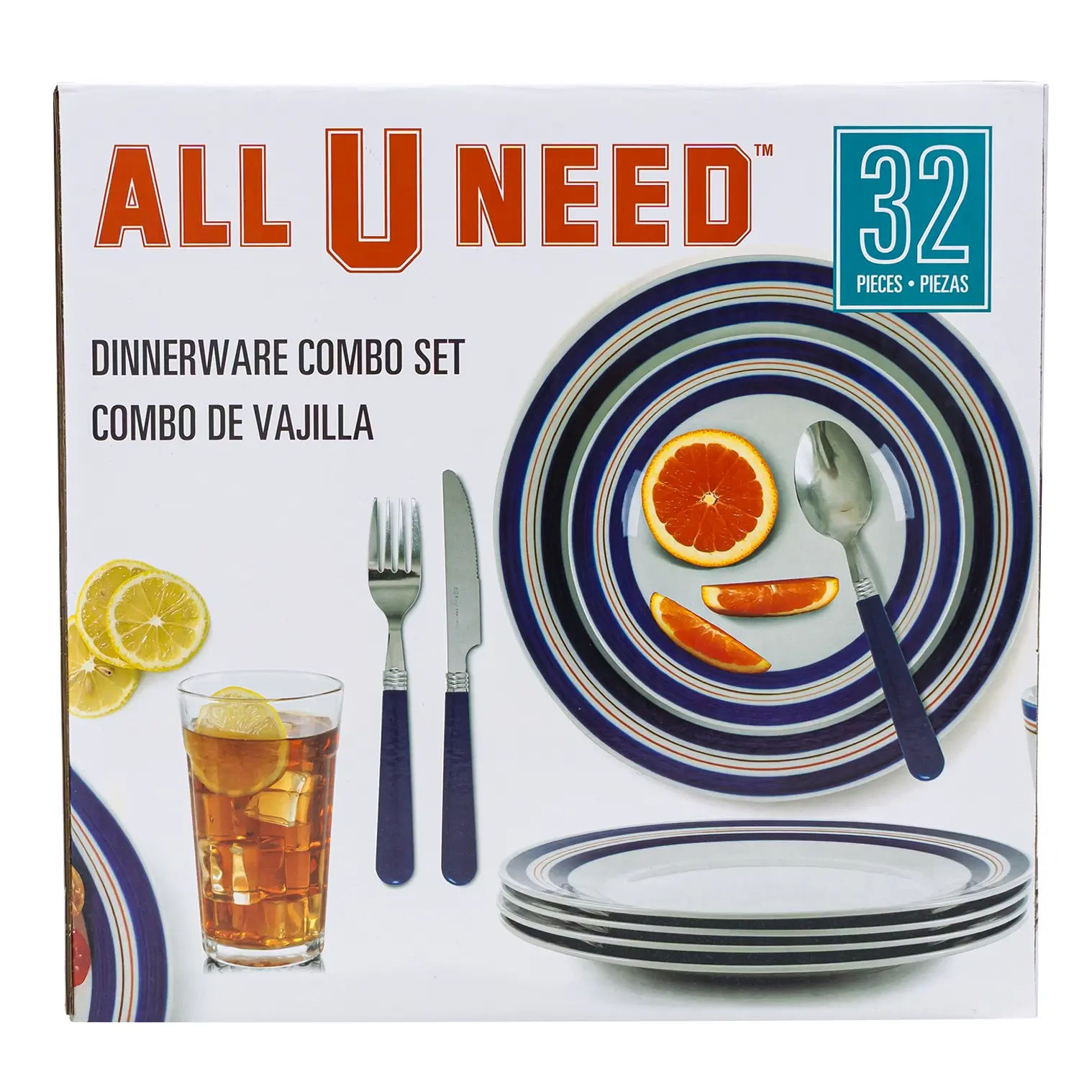 Wholesale All U Need Dinnerware Combo Set, 32-Piece, Blue and White ...