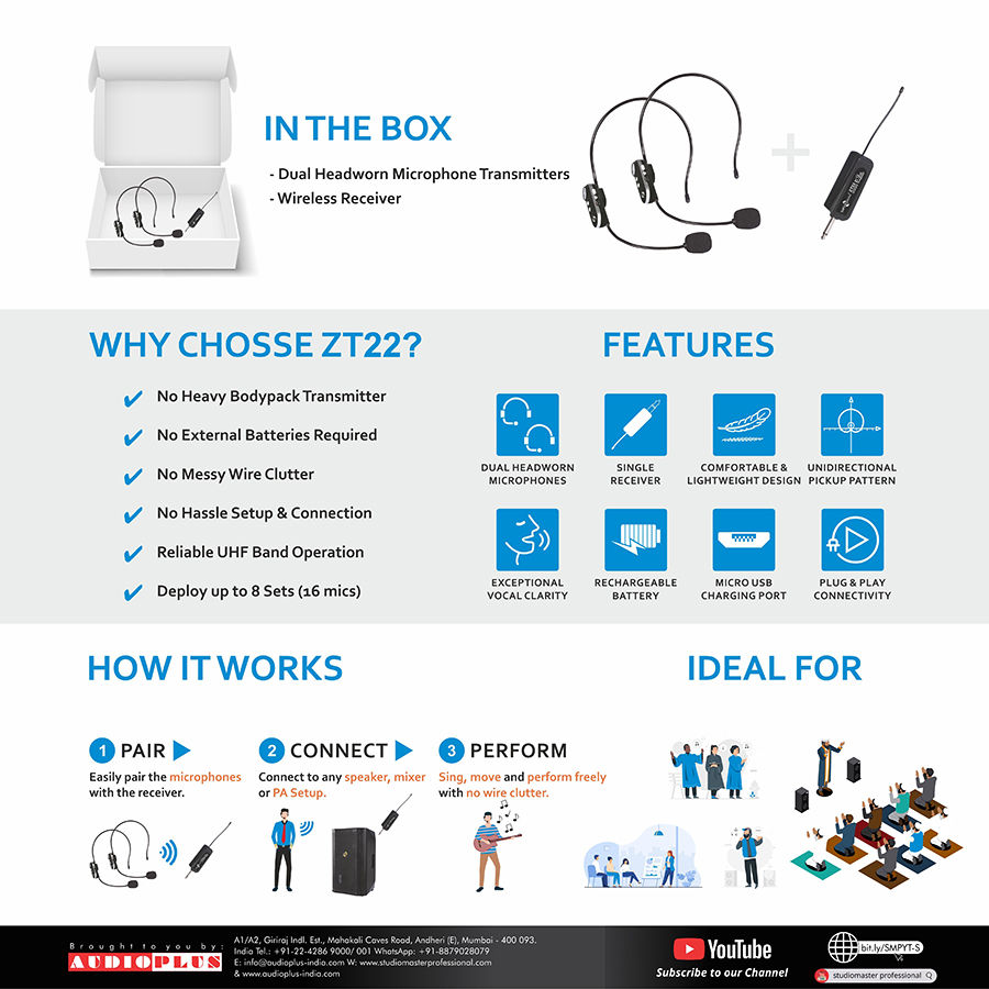 Studiomaster ZT 22 Dual Headworn Rechargeable Wireless Microphone
