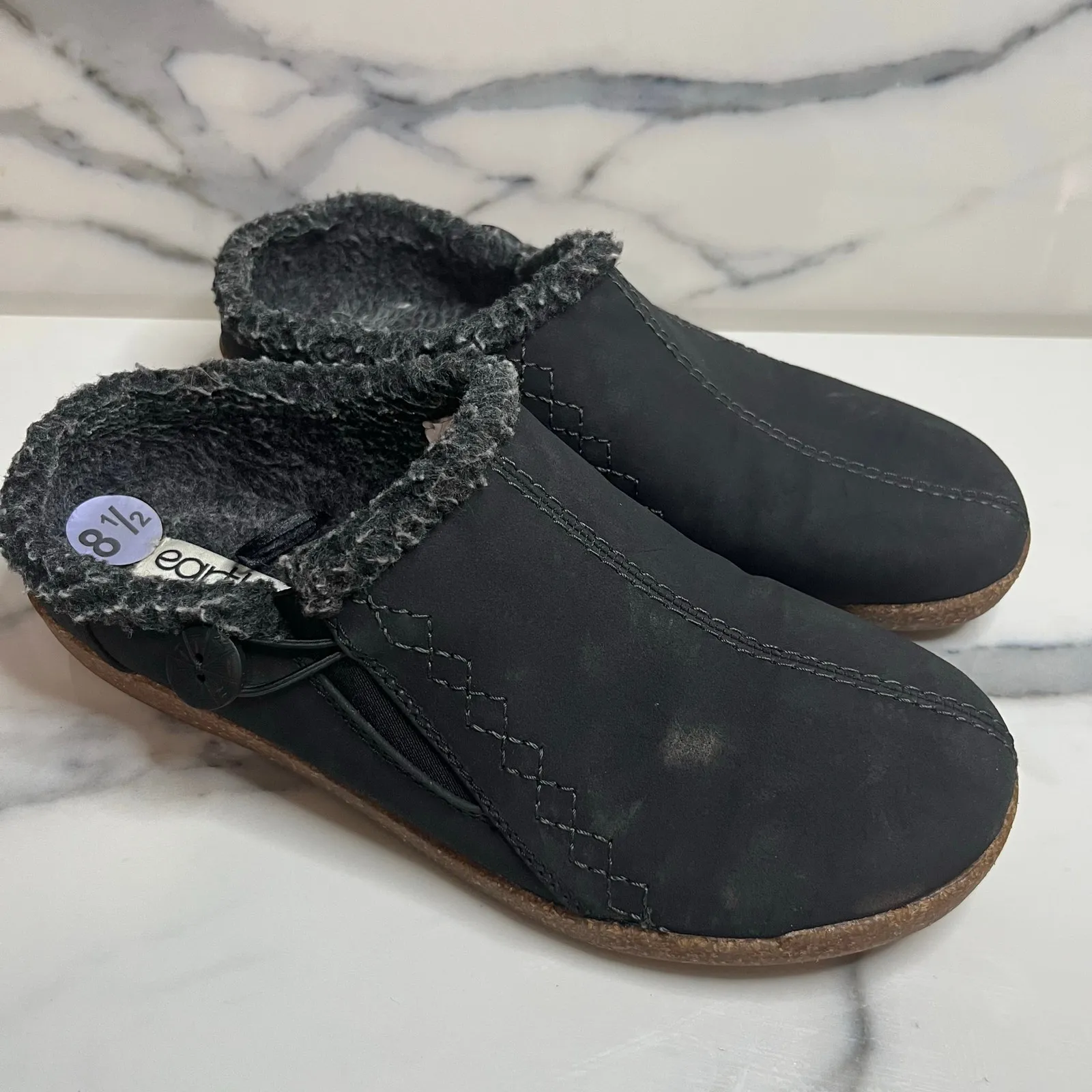 Earth Origins Janae Clogs Mules Sz 8.5 Black Cork Faux Fur Comfort ...