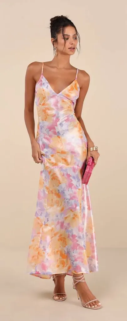 NWT Lulu‘s Distinctly Flirtatious Floral Sheer Backless Watercolor Maxi ...