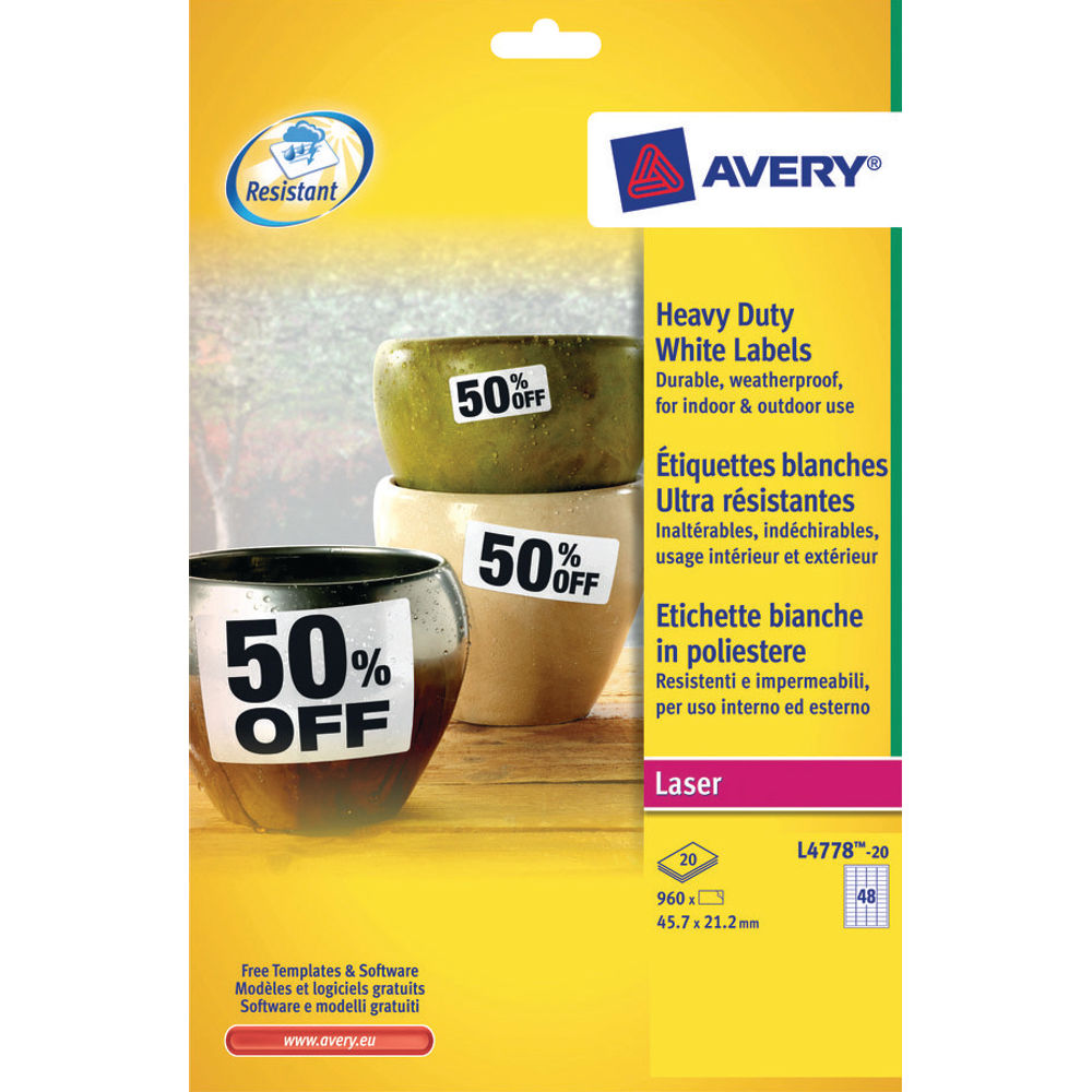 Avery Laser Label Heavy Duty 45.7x21.2mm 48 Per Sheet White (960 Pack ...