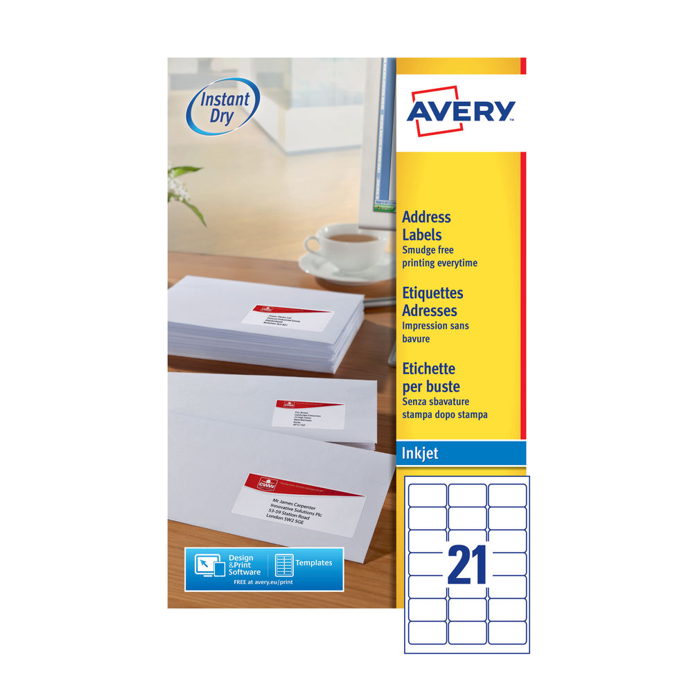 Avery Inkjet Address Labels QuickDRY 63 5x38 1mm 21 Per Sheet White 