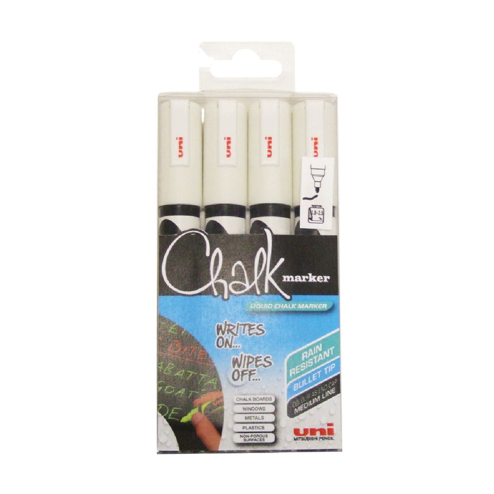 Uni Medium Liquid Chalk White Markers, Pack of 4 - 153494342 Uni Medium Liquid Chalk White Markers, Pack of 4 - 153494342