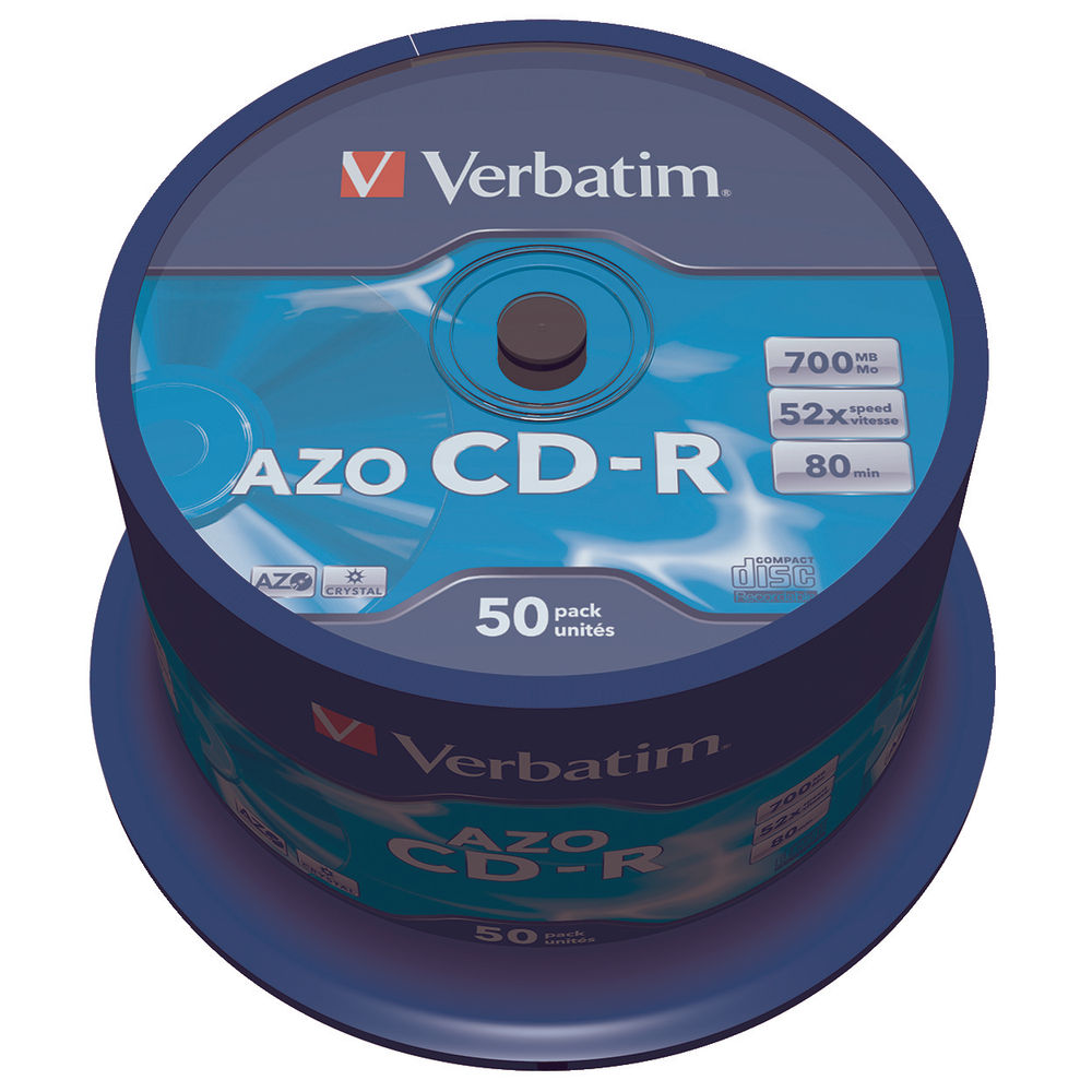 Buy 💿 Verbatim 700MB 52x Speed Spindle AZO Crystal CD-R, Pack of 50 - 43343