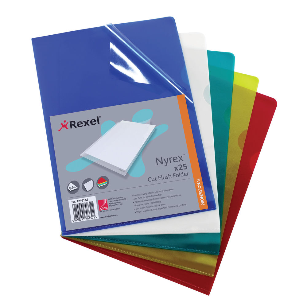 Rexel Nyrex Cut Flush Folder A4 Assorted (25 Pack) 12161AS