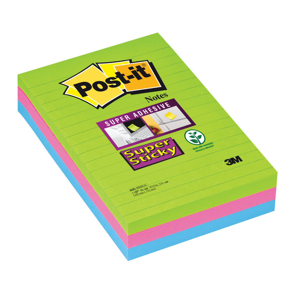 Post-it Notes Super Sticky XXL 101 x 152mm Lined Ultra Colours (3 Pack ...